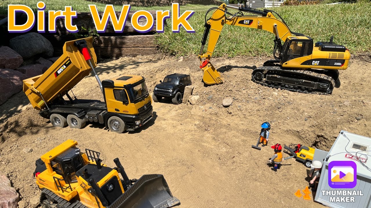 Leveling the job site, Rc excavator CAT 330D, dump truck Huina 1582 ...