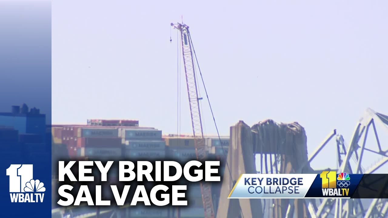 Cranes removing wreckage of Key Bridge; 4 unaccounted for - YouTube