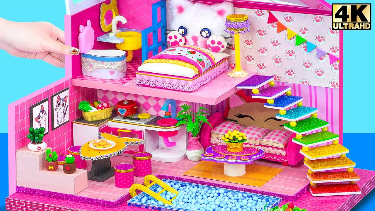 Make Miniature Pink Kitten Cat Villa with Rainbow Slide and Pool for ...
