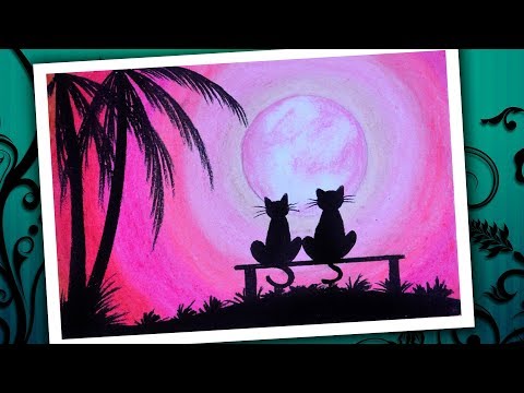 Cat Moonlight scenery drawing with Oil Pastels, Easy drawing for beginners