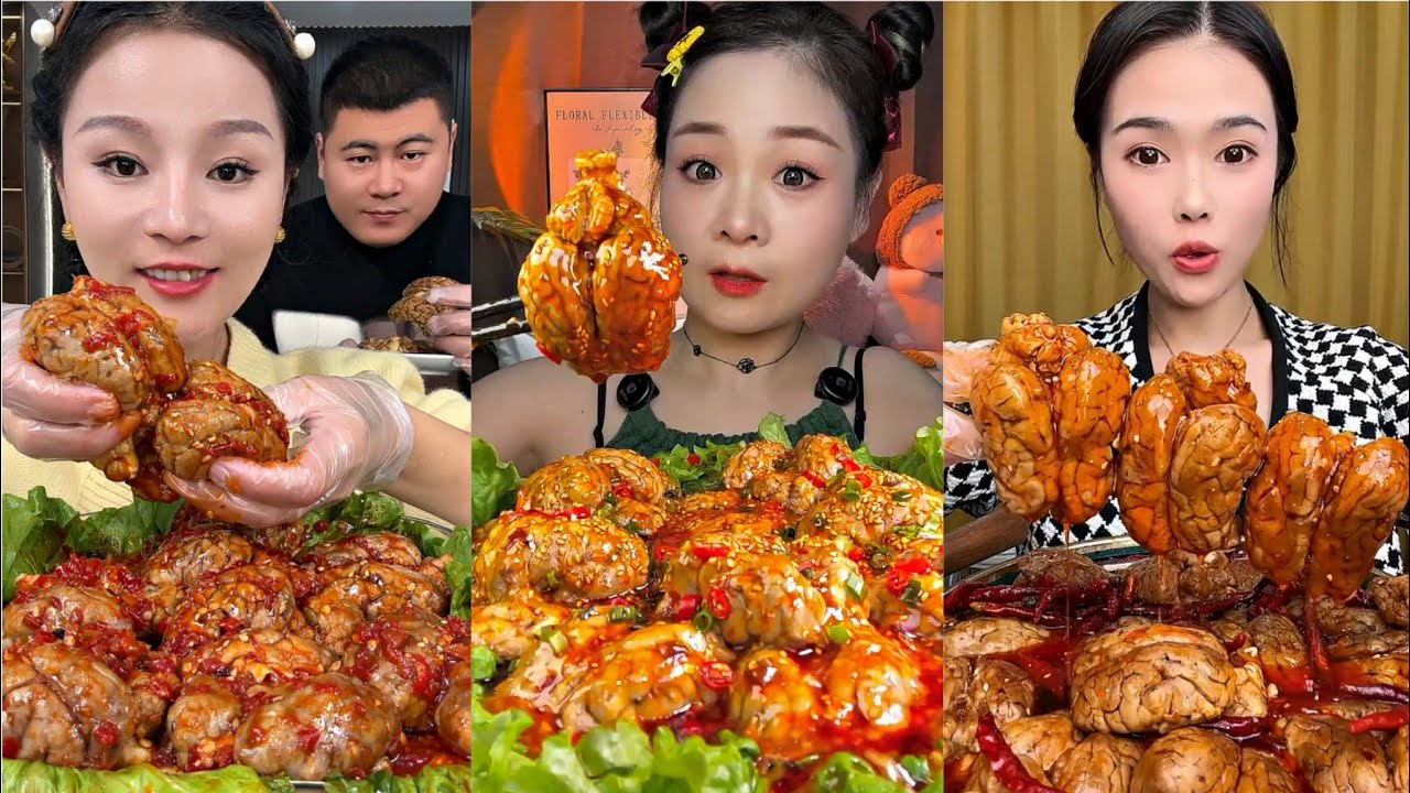 Eating Pork Pig Brain 🧠 [Spicy Chinese Foods] (eating sounds) 돼지 뇌를 먹고 ...