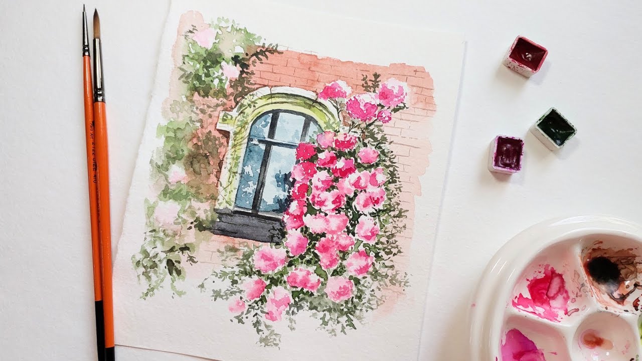 Watercolor painting for beginners beautiful window and flower tree ...
