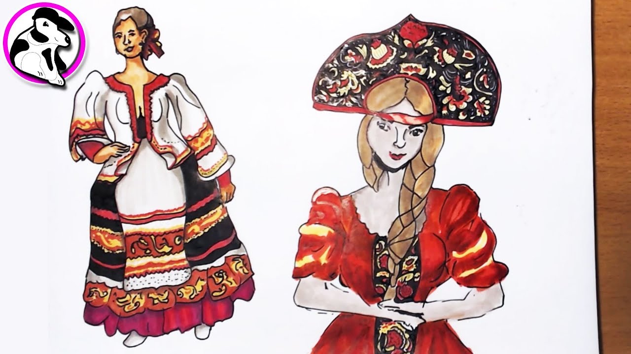 Russian folk costume — copic drawing - YouTube