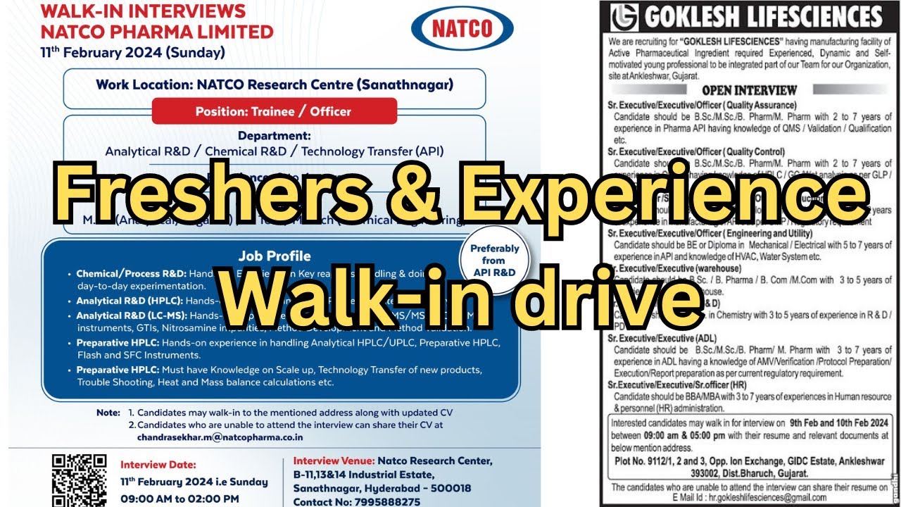 Natco Pharma Walk-in freshers & experience | Goklesh Lifesciences Walk ...