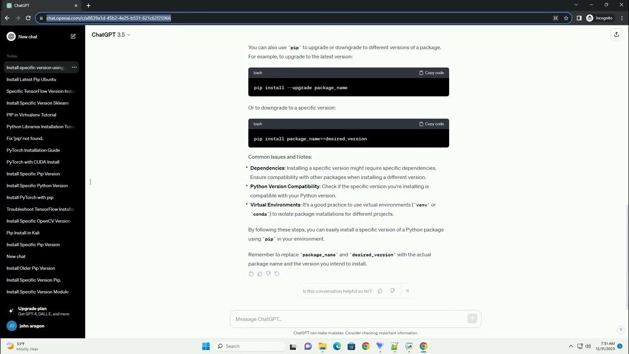 install specific version using pip - YouTube