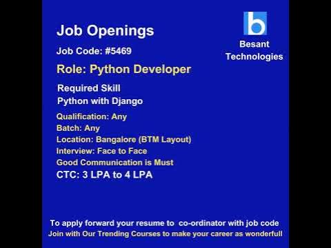 Python Developer job openings. CTC : 3 TO 4 LPA🔥 #python #pythondeveloper #django #jobopening ...