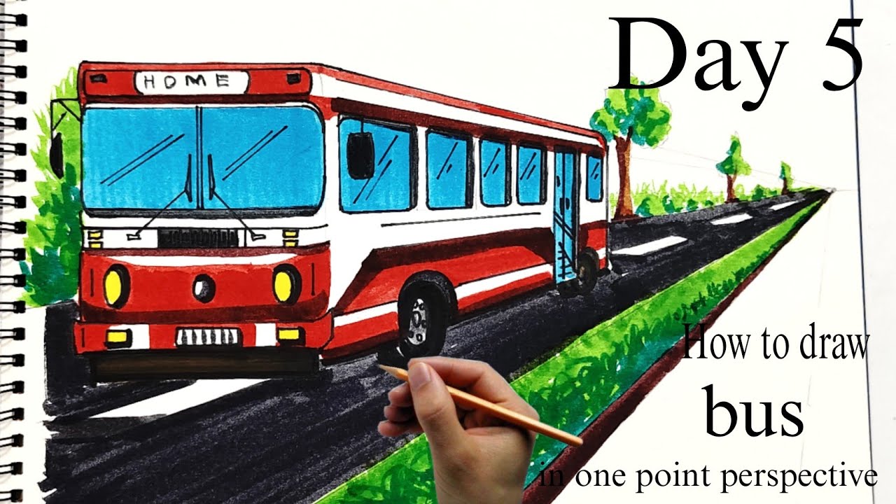 How to draw a bus in one point perspective| Day 5 perspective Drawing ...