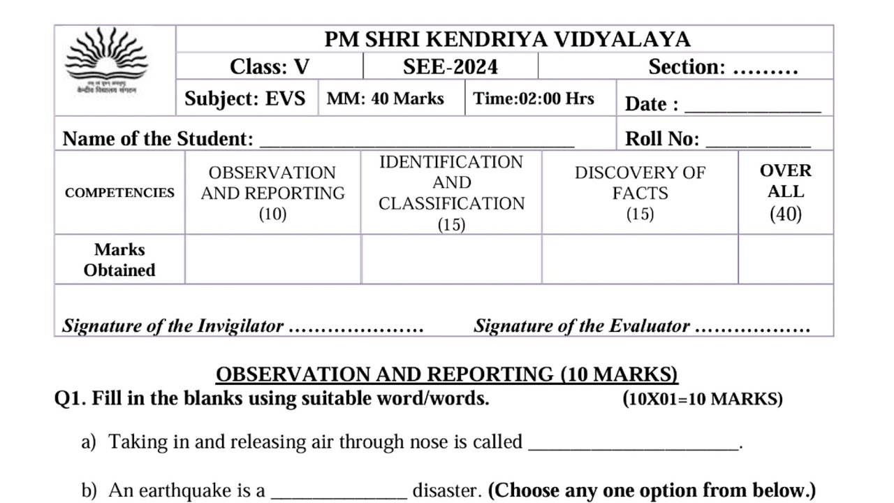 CLASS-5 EVS / SEE 2024 / Annual Exam Question Paper / TERM-2/ KV CBSE ...