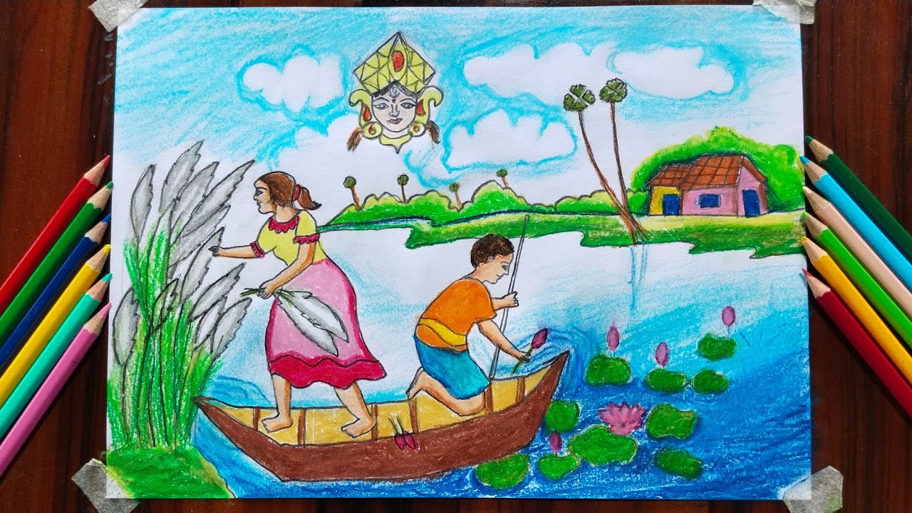 Mahalaya special scenery drawing with oil pastel | maa durga drawing ...