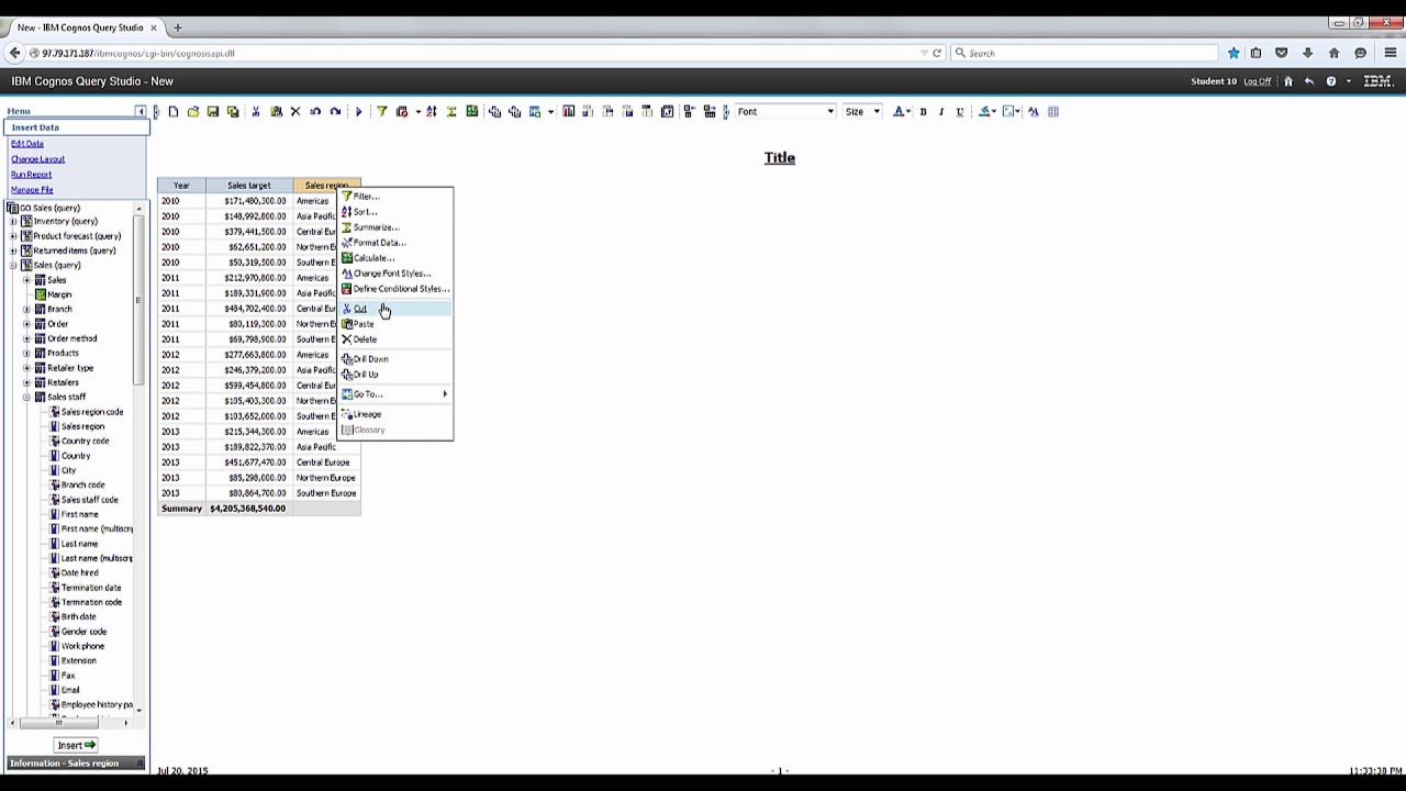 IBM Cognos Query Studio Training - Sectioning Lists Demo 1-7 || Cresco ...
