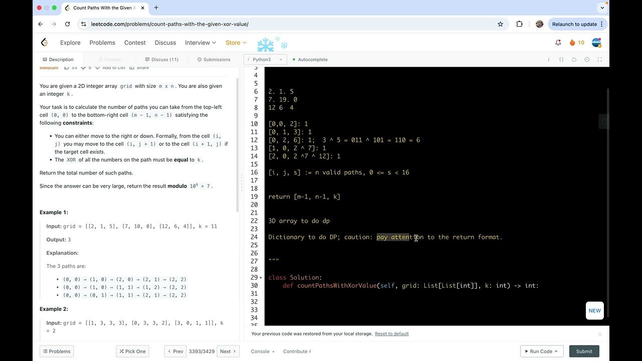 leetcode 3393 Count Paths With the Given XOR Value | DP - YouTube