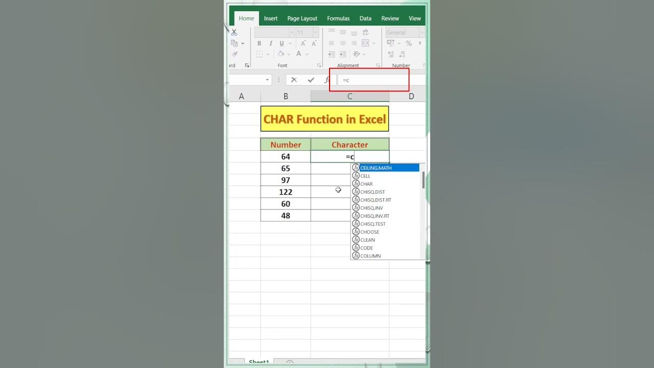 Day 64100 Char Function In Excel Excel Function Shorts Youtubeshorts Excelfunctions