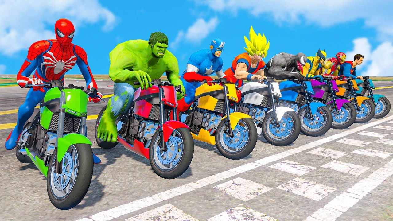 SPIDERMAN & POWER RANGERS w/ ALL SUPERHEROES Racing Motorcycles Event ...