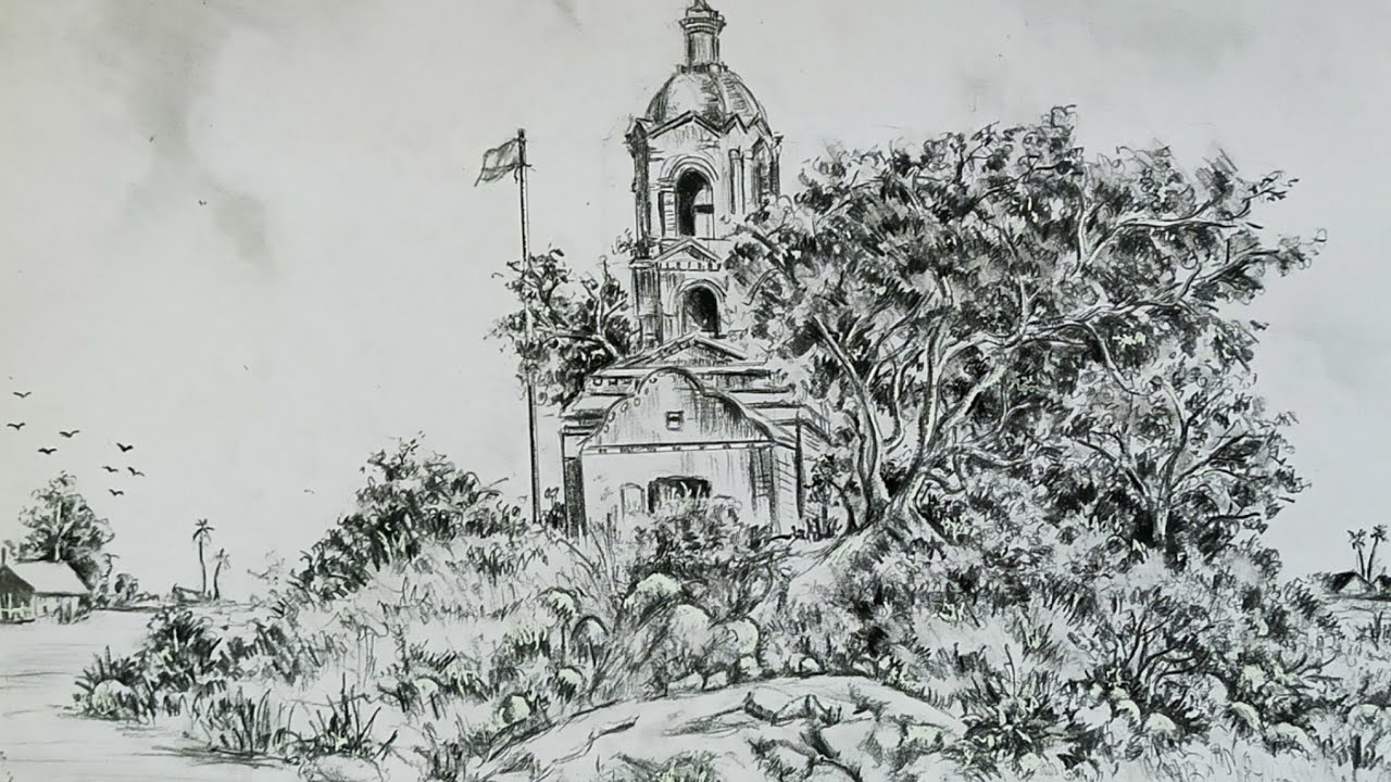 DRAW OLD TEMPLE IN A SIMPLE LANDSCAPE || EASY SCENERY ART WITH PENCIL ...