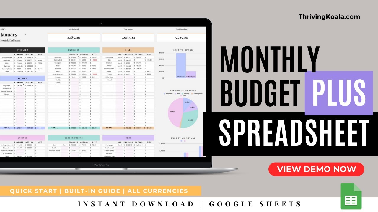 MONTHLY BUDGET TEMPLATE for Google Sheets || Budget Planner Spreadsheet ...