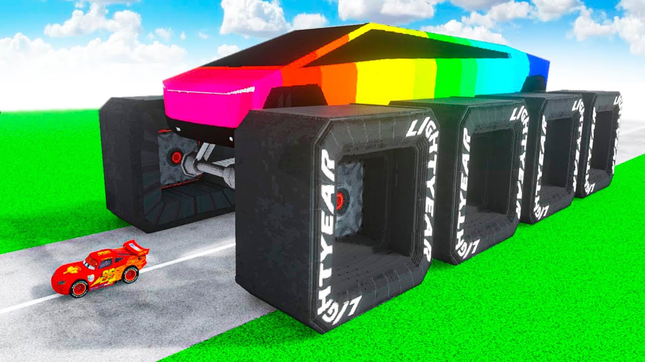 Tesla Cybertruck Transforming to GIANT RAINBOW BTR BIGFOOT TESLA ...