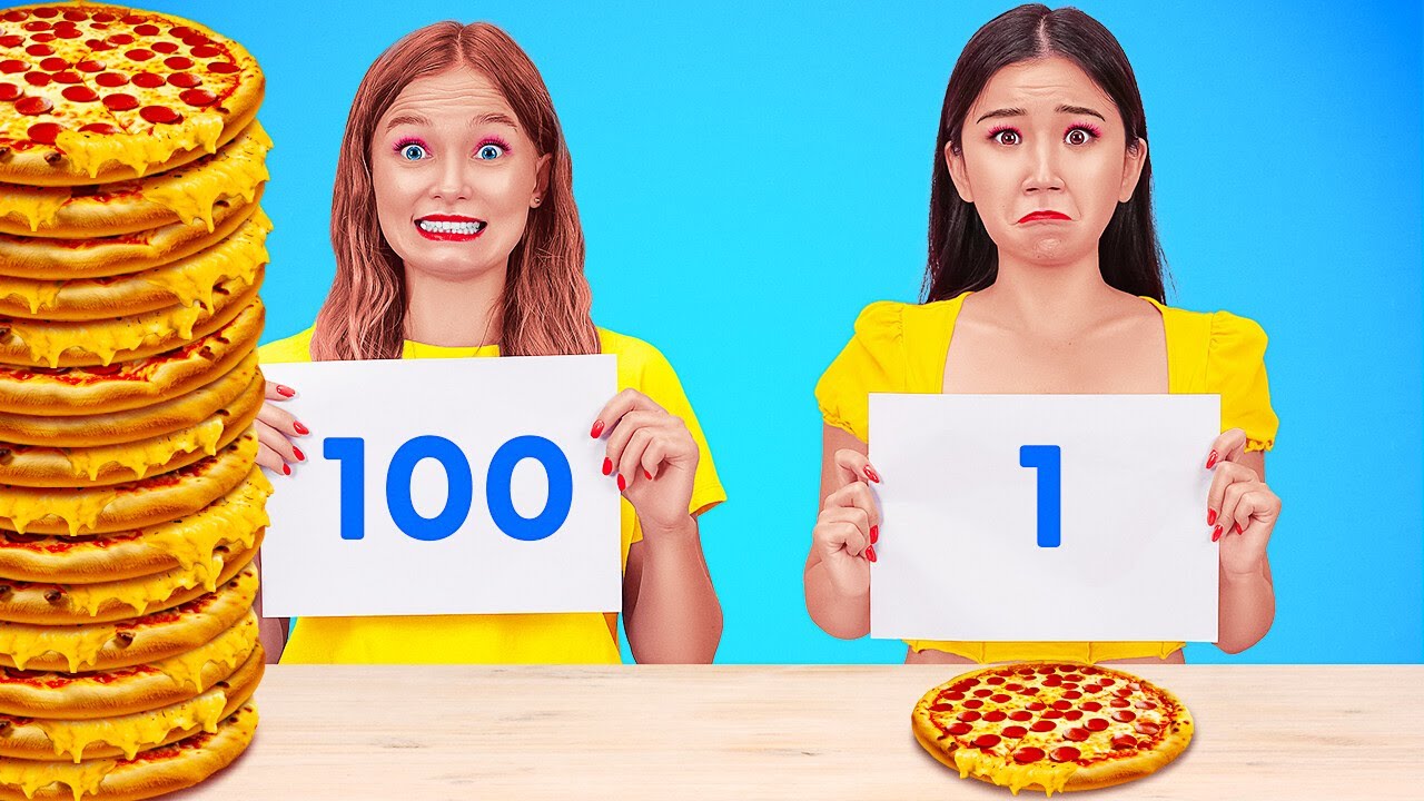 100 लेयर्स ऑफ फूड चैलेंज! अनोखी कैंडी रेन और मिनी पिज़्ज़ा! 123 GO ...