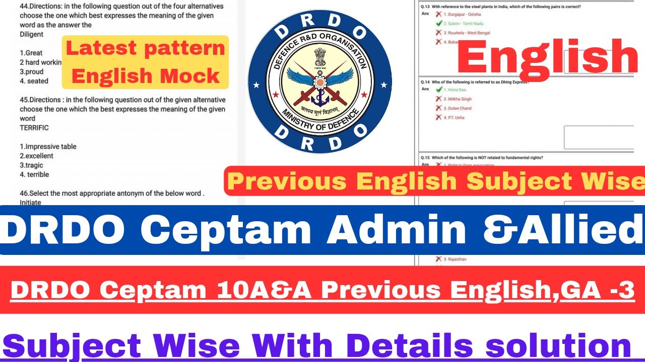 English & GA Previous Question Paper//DRDO Ceptam 10 Admin Allied ...