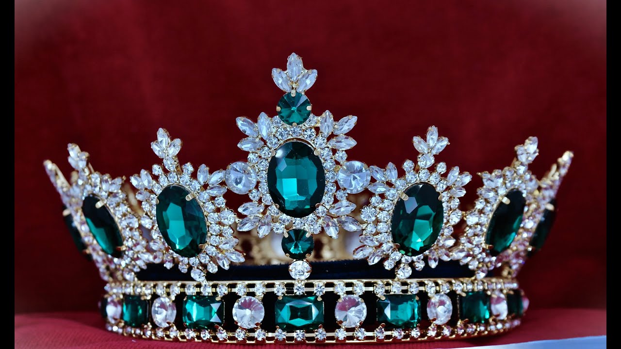 Men's Unisex Rhinestone Gold Full Emerald Green Royal Premium Crown ...