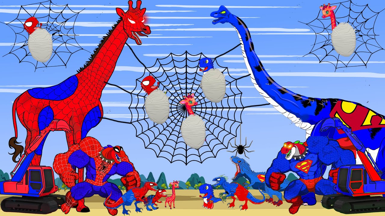 SPIDEY GIRAFFE VS SUPERMAN DINOSAURS T-REX, TRICERATOPS: Dinosaurs Zoo ...