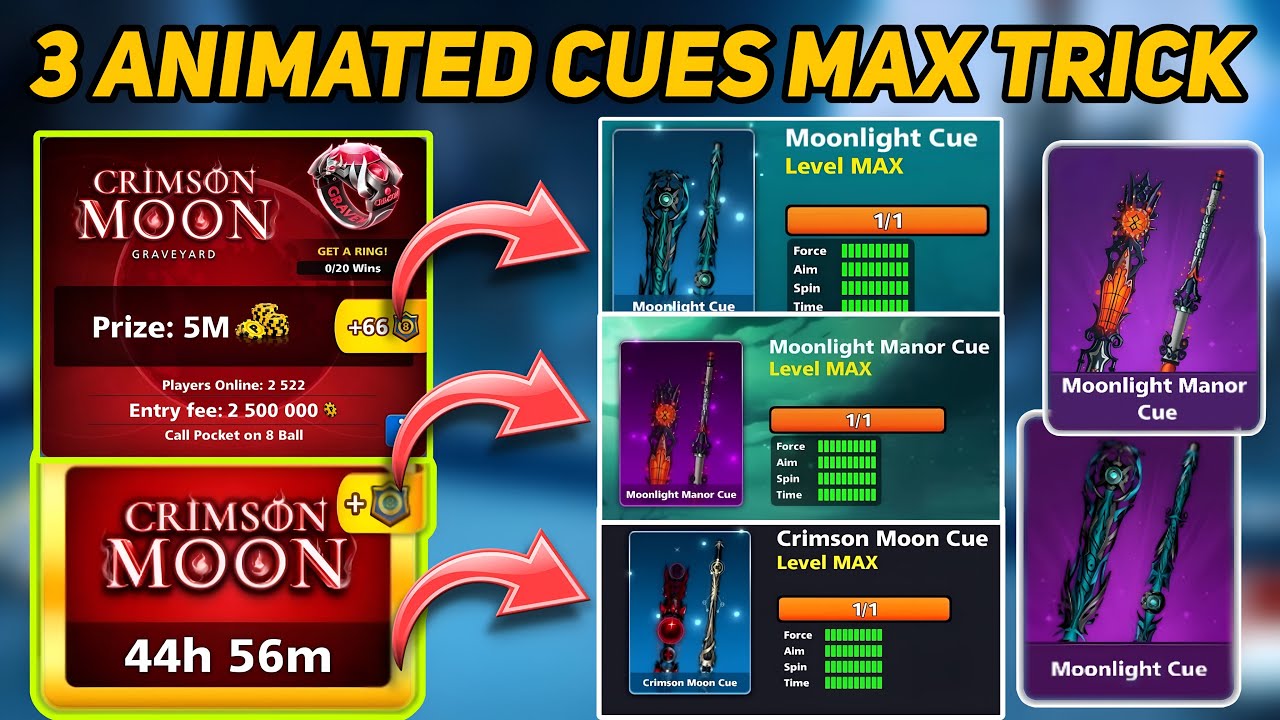 3 ANIMATED CUE FREE MAX 🤯 | MOONLIGHT CUE MAX TRICK | 8 BALL POOL ...