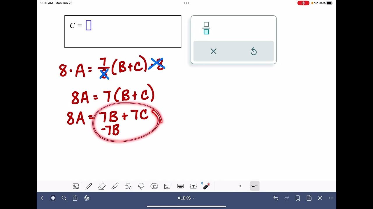 ALEKS: Solving for a variable in terms of other variables in a linear equation with fractions ...