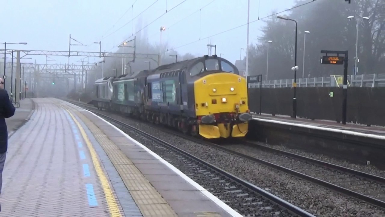 DRS Class 37 leads two Class 68's from Crewe Gresty Bridge to Wembley ...