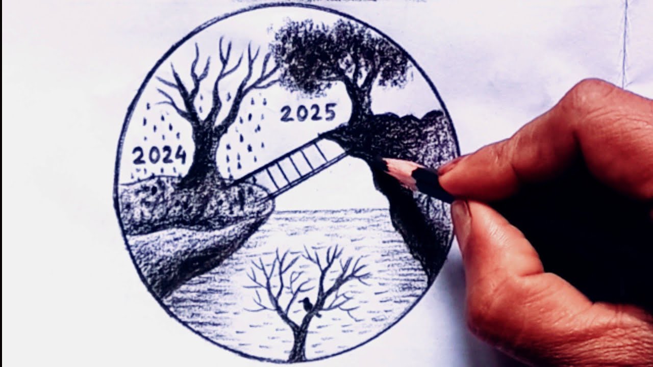 New Year Drawing 2024 | How to draw New Year | Easy Simple scenery ...
