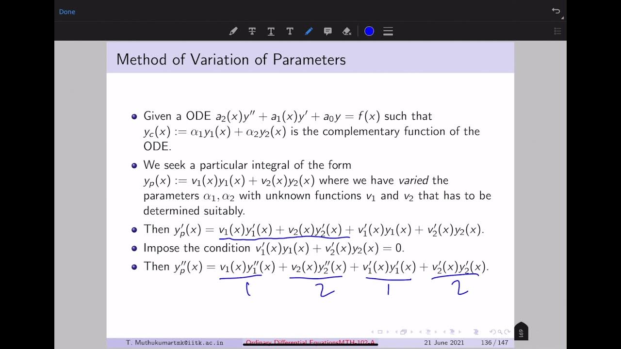 Lecture-13: Linear Variable Coefficients:Method of Variation of Parameters and Cauchy-Euler Type ...