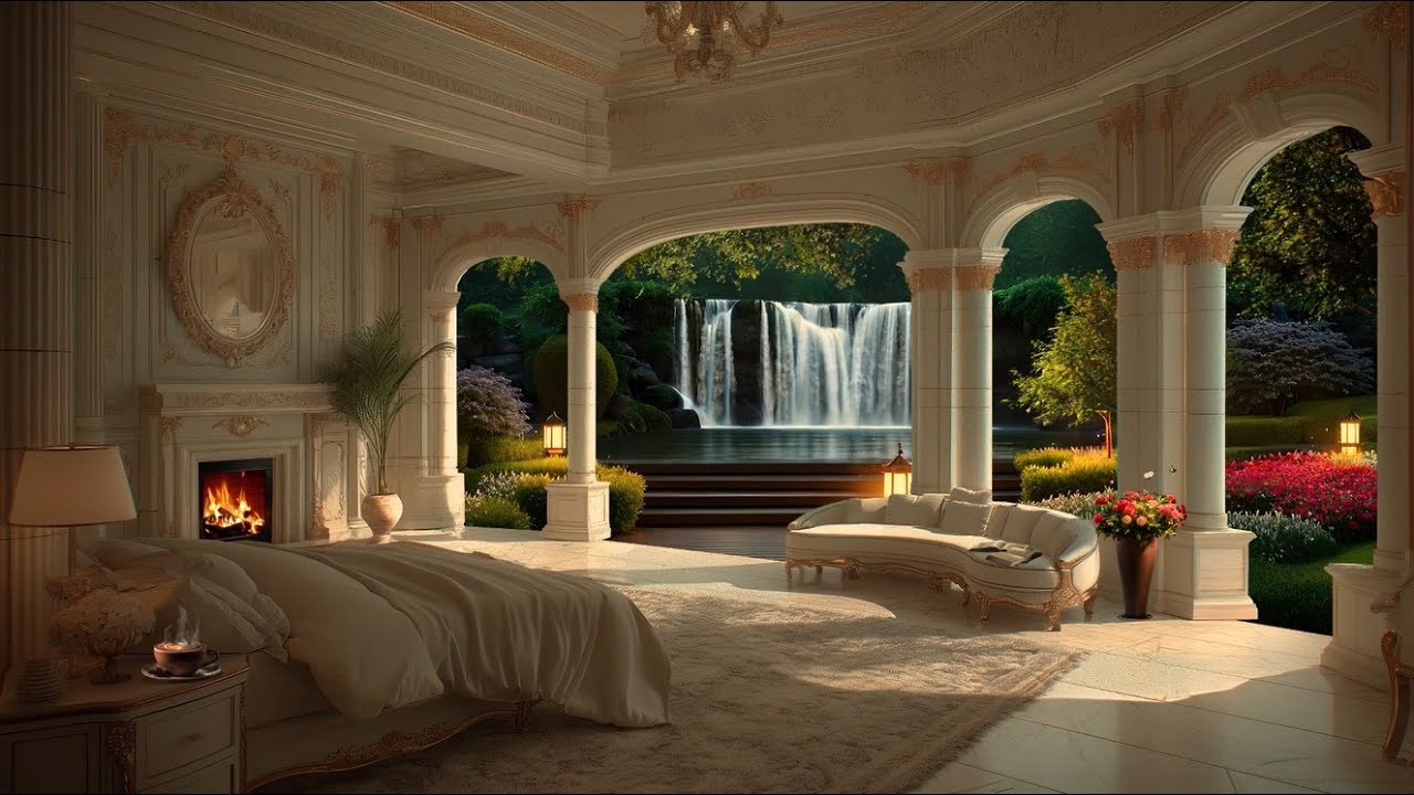 🌜Calm Summer Night Luxury BedRoom with🔥Fireplace | Waterfall and Nature ...