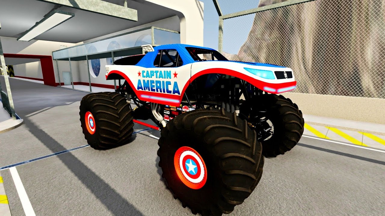 CAPTAIN AMERICA Monster Trucks and Trucks do Epic High Speed Jumps #11 ...