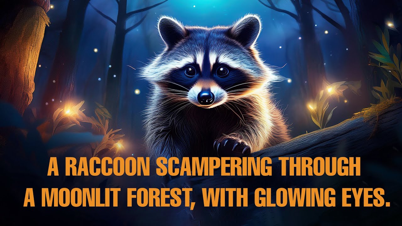 A raccoon scampering through a moonlit forest, with glowing eyes. - YouTube