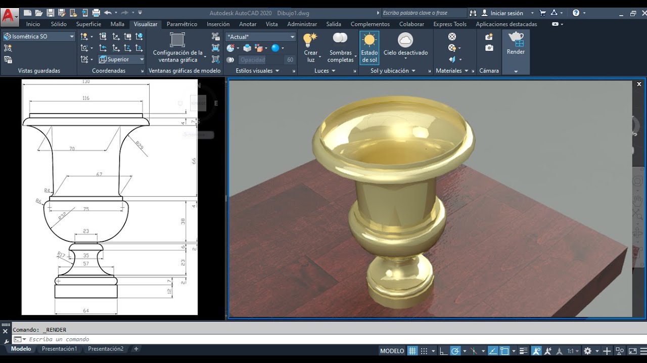 AUTOCAD dibujo de una copa de 2D a 3 Dimensiones y renderizado - YouTube