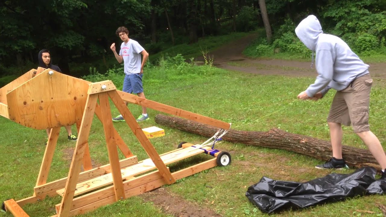 Trebuchet test at camp! It works! - YouTube