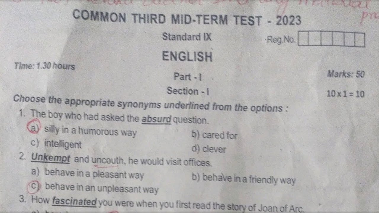 9 th English third mid term question paper - YouTube