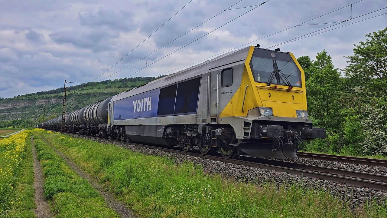 Voith Maxima 264 001 mit einem Kesselwagenzug in Thüngersheim - YouTube