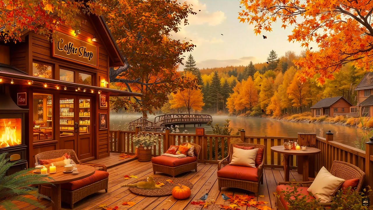 Autumn Café Jazz Vibes 🍂 Cozy Lakeside Coffee Shop Ambience with Soft ...