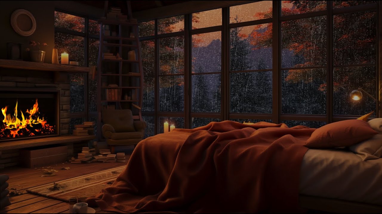 Soothing Autumn Lodge🍂Peaceful Ambience | Soothing Rain & Warm Fire ...