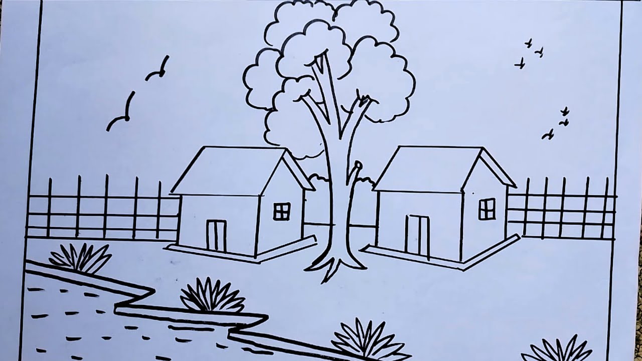 Easy village scenery drawing | How to draw village | Village scenery ...