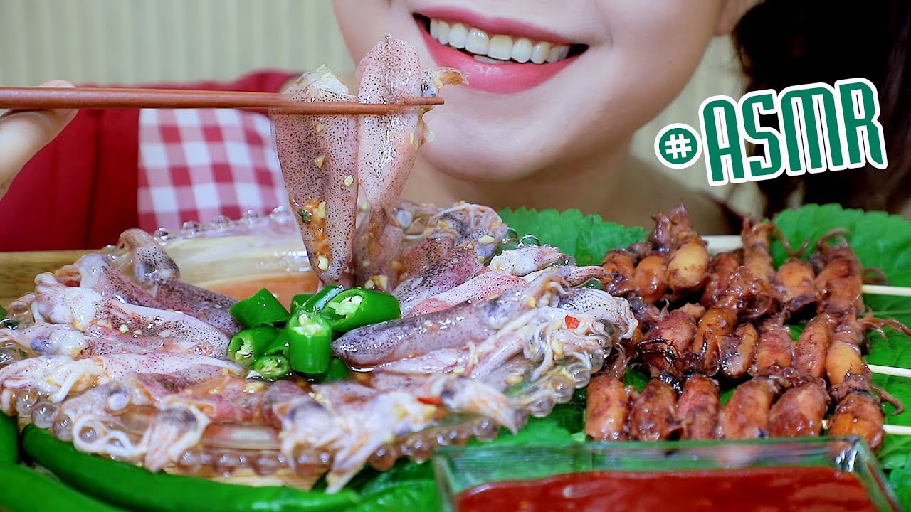 ASMR Mukbang Raw baby squid platter , savage eating sounds , gulp, +食べる ...