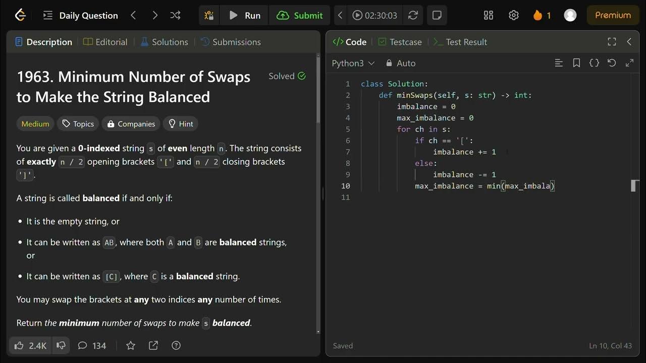 Minimum Number of Swaps to Make the String Balanced - Leetcode (Python) - YouTube