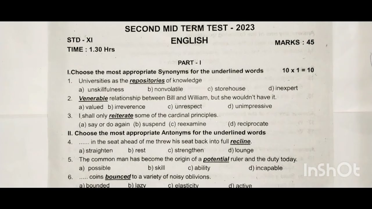 11th English second midterm-2023 Government question paper - YouTube