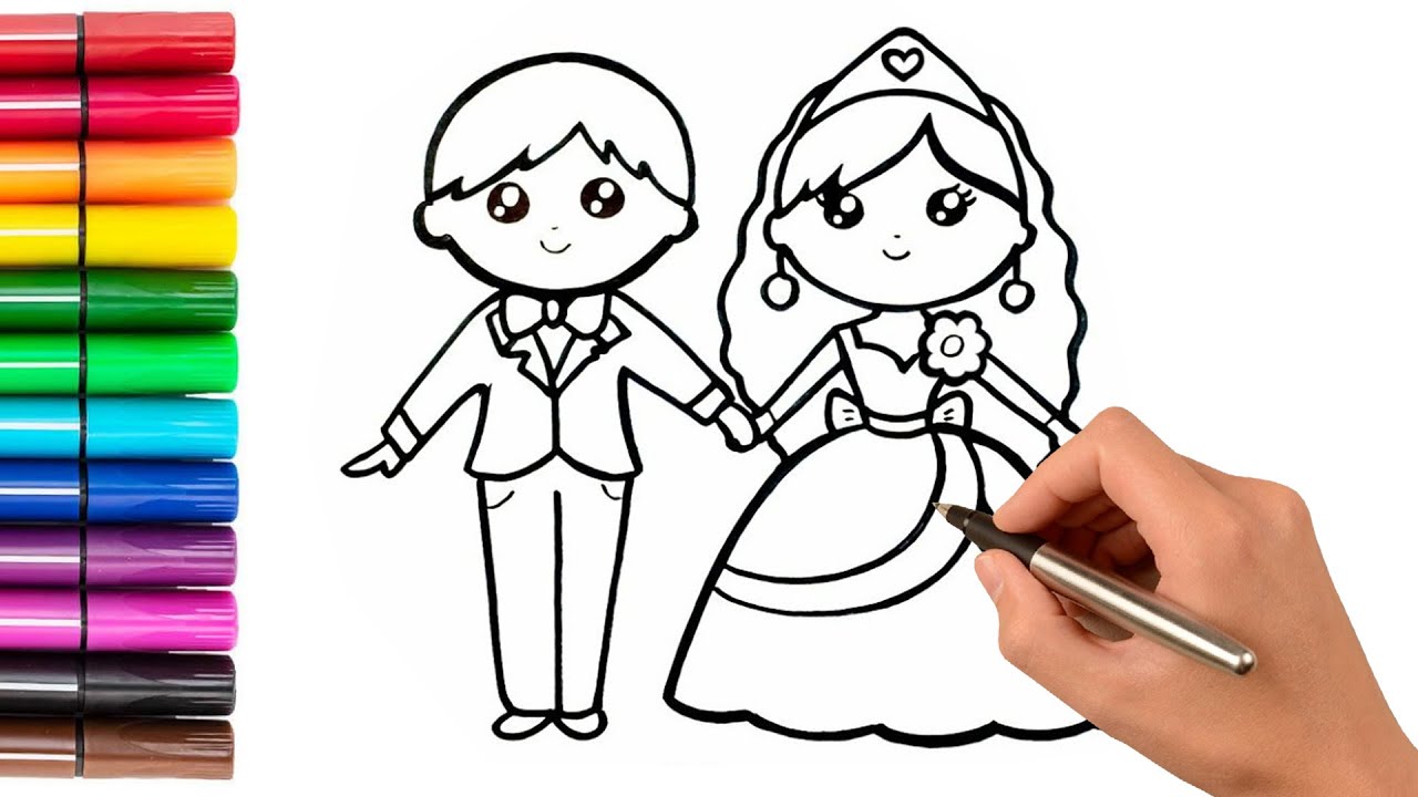 Cute Bride and Groom Drawing, Painting & Coloring For Kids and Toddlers ...