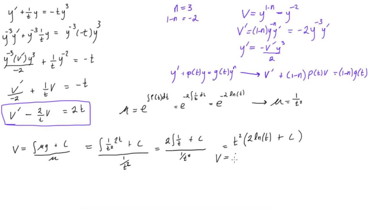 Bernoulli Differential Equation Example 1 YouTube