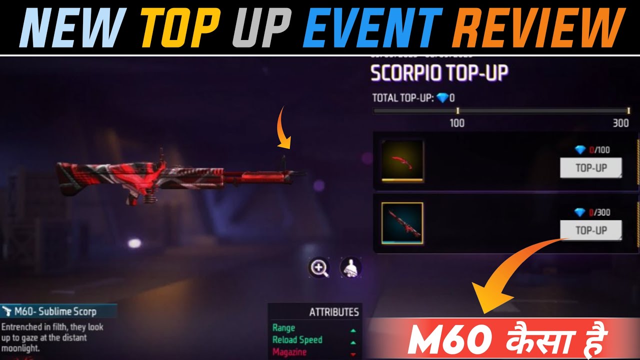 SCORPION 🦂 TOP UP EVENT FREE FIRE !! M60 GUN SKIN REVIEW !! FREE FIRE ...