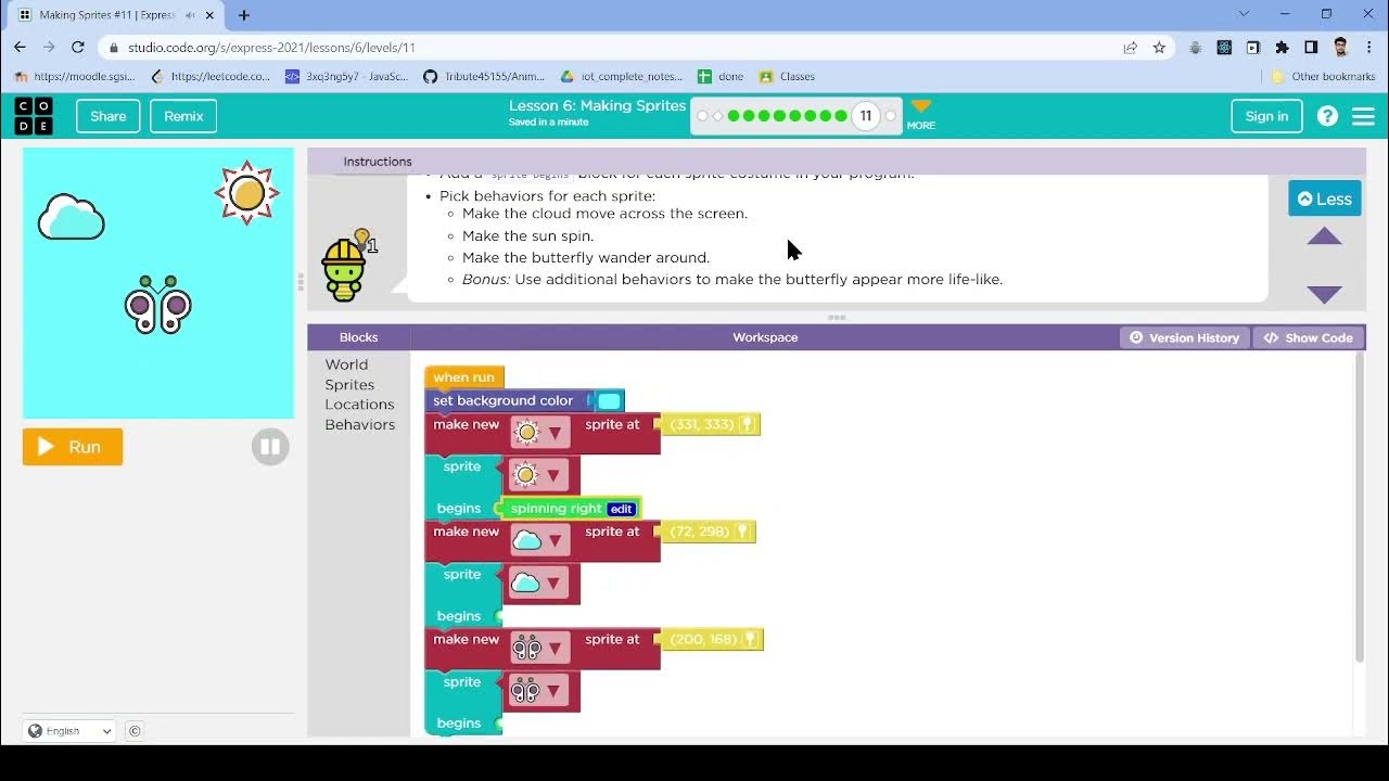 L6-11 |Code.org | Express-2021 | Lesson 6:Making Sprites | level 11 ...