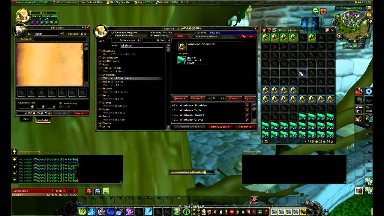 World of Warcraft Crafting: Windwool Shoulders x 100 - YouTube
