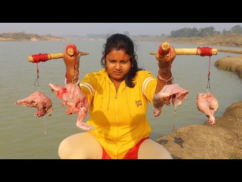 Fishing || Beautiful girl catching big fish using meat in village river ...