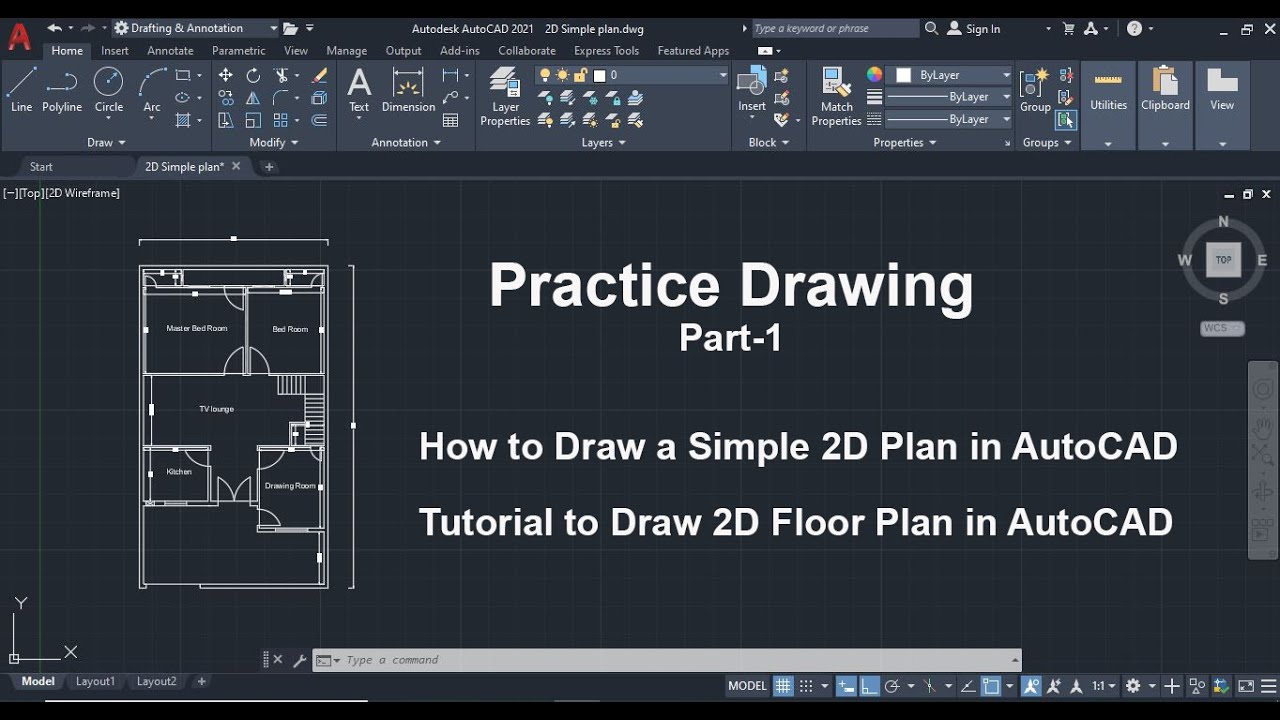 AutoCAD Basic Drawing Practice. How to Draw Simple Floor 2D Plan in ...