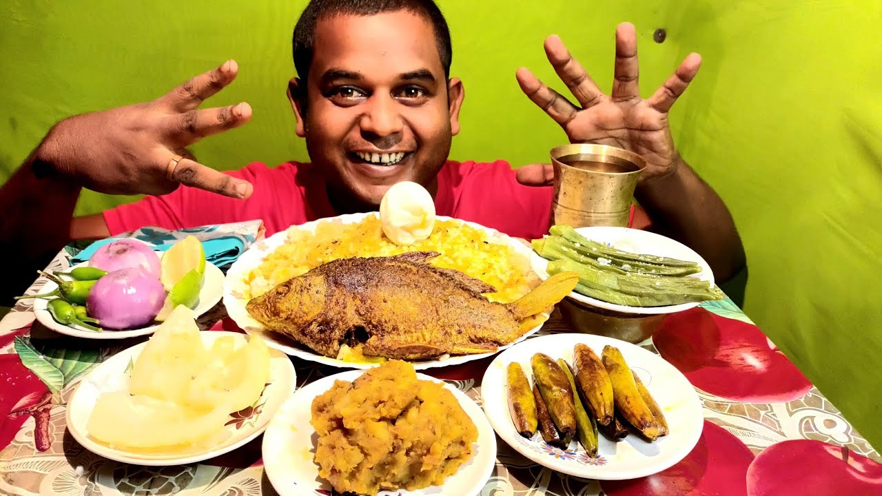 EATING SHOW RICE, MASOOR DAL, FRIED RUI FISH, BOILED EGG,POTOL VAJA ...